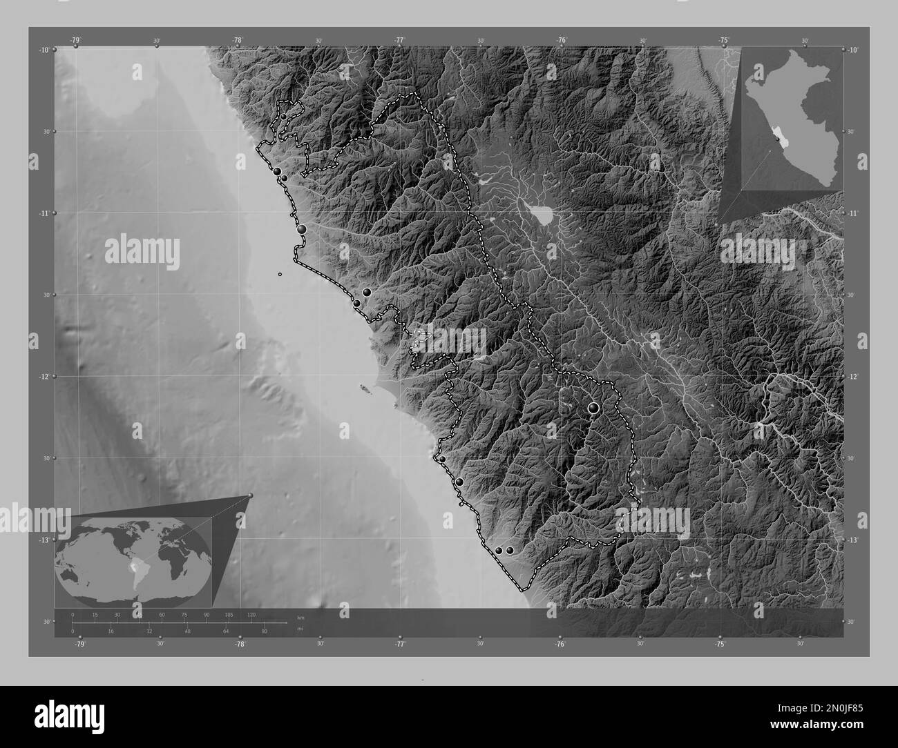 Lima, region of Peru. Grayscale elevation map with lakes and rivers ...