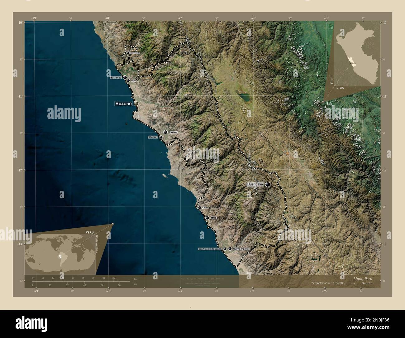 Lima, region of Peru. High resolution satellite map. Locations and ...