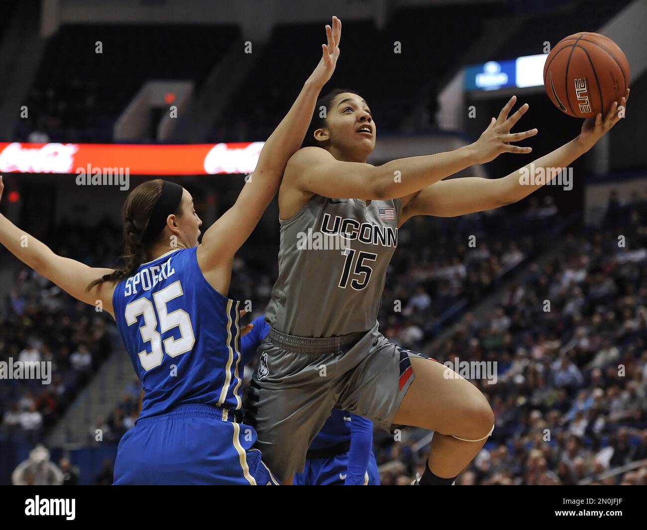 Connecticut’s Gabby Williams, right, drives to the basket as Tulsa’s ...