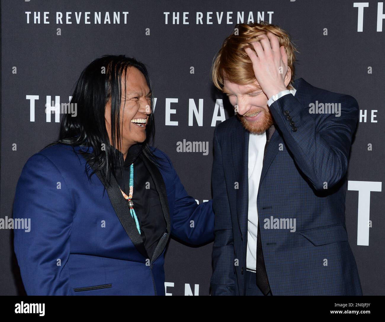 Actors Arthur Redcloud, left, and Domhnall Gleeson attend the premiere ...