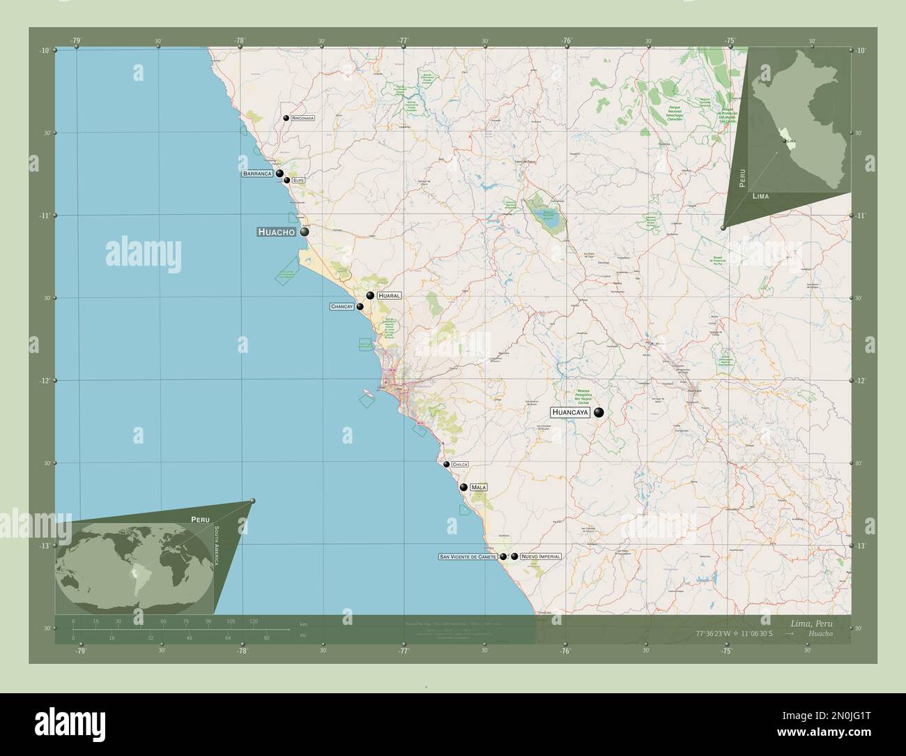 Lima, region of Peru. Open Street Map. Locations and names of major ...