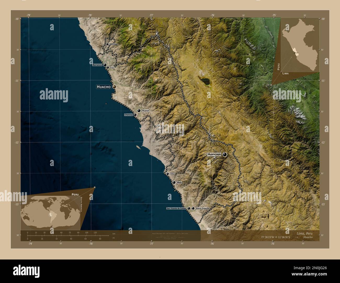 Lima, region of Peru. Low resolution satellite map. Locations and names ...