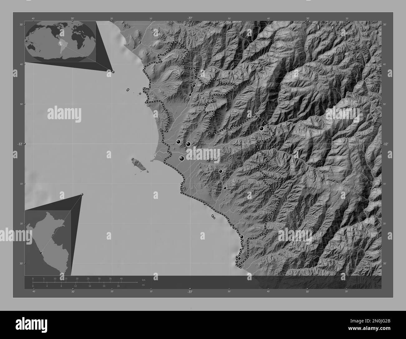 Lima Province, province of Peru. Bilevel elevation map with lakes and ...