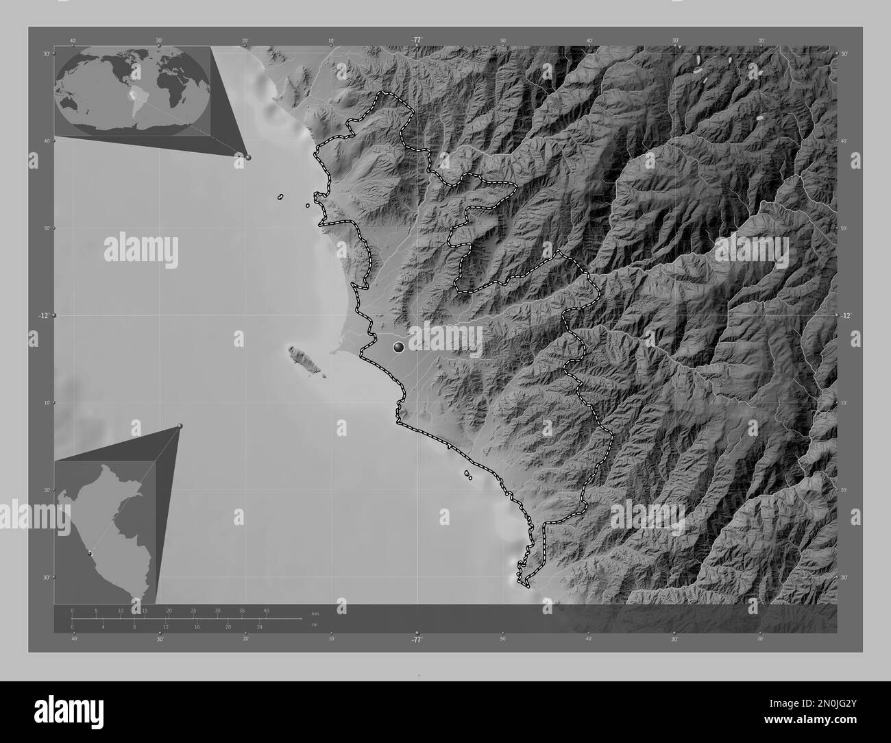 Lima Province, province of Peru. Grayscale elevation map with lakes and ...