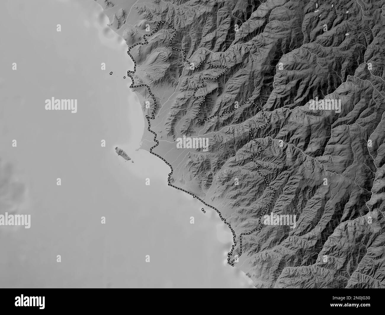 Lima Province, province of Peru. Grayscale elevation map with lakes and ...