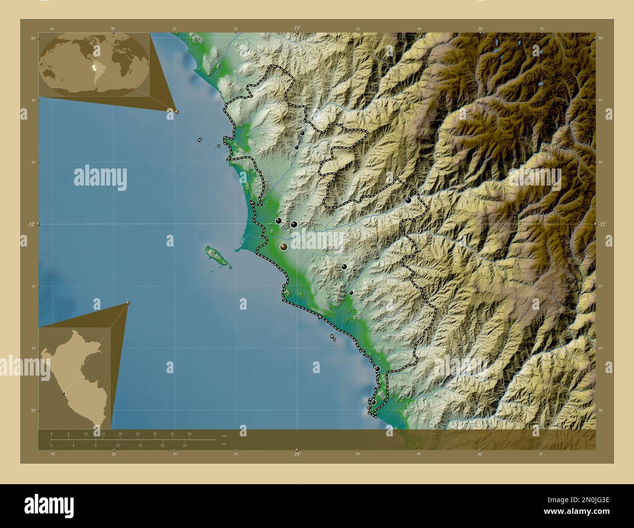 Lima Province, province of Peru. Colored elevation map with lakes and ...