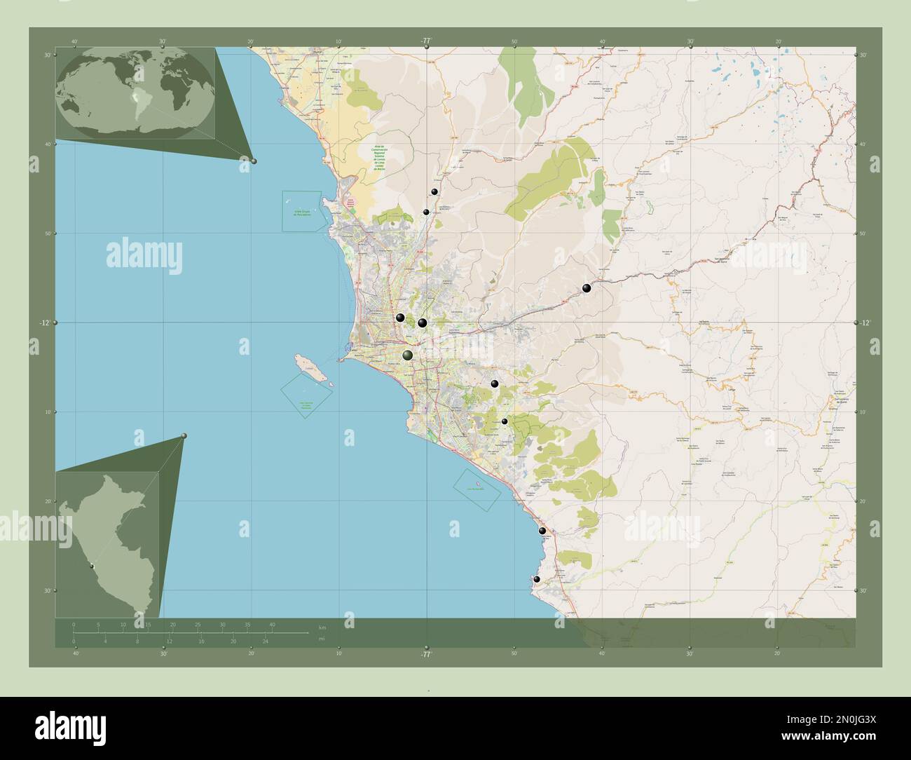 Lima Province, province of Peru. Open Street Map. Locations of major ...