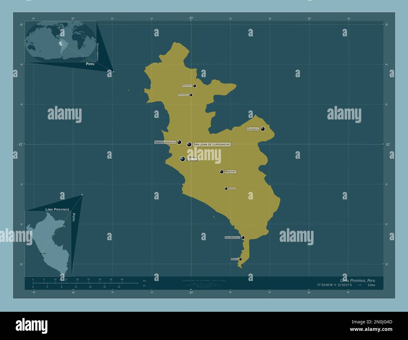 Lima Province, province of Peru. Solid color shape. Locations and names ...