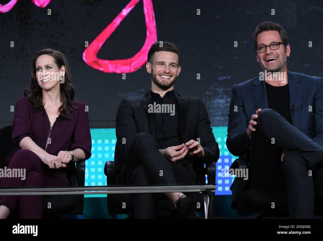 Miriam Shor, from left, Nico Tortorella and Peter Hermann speak during ...