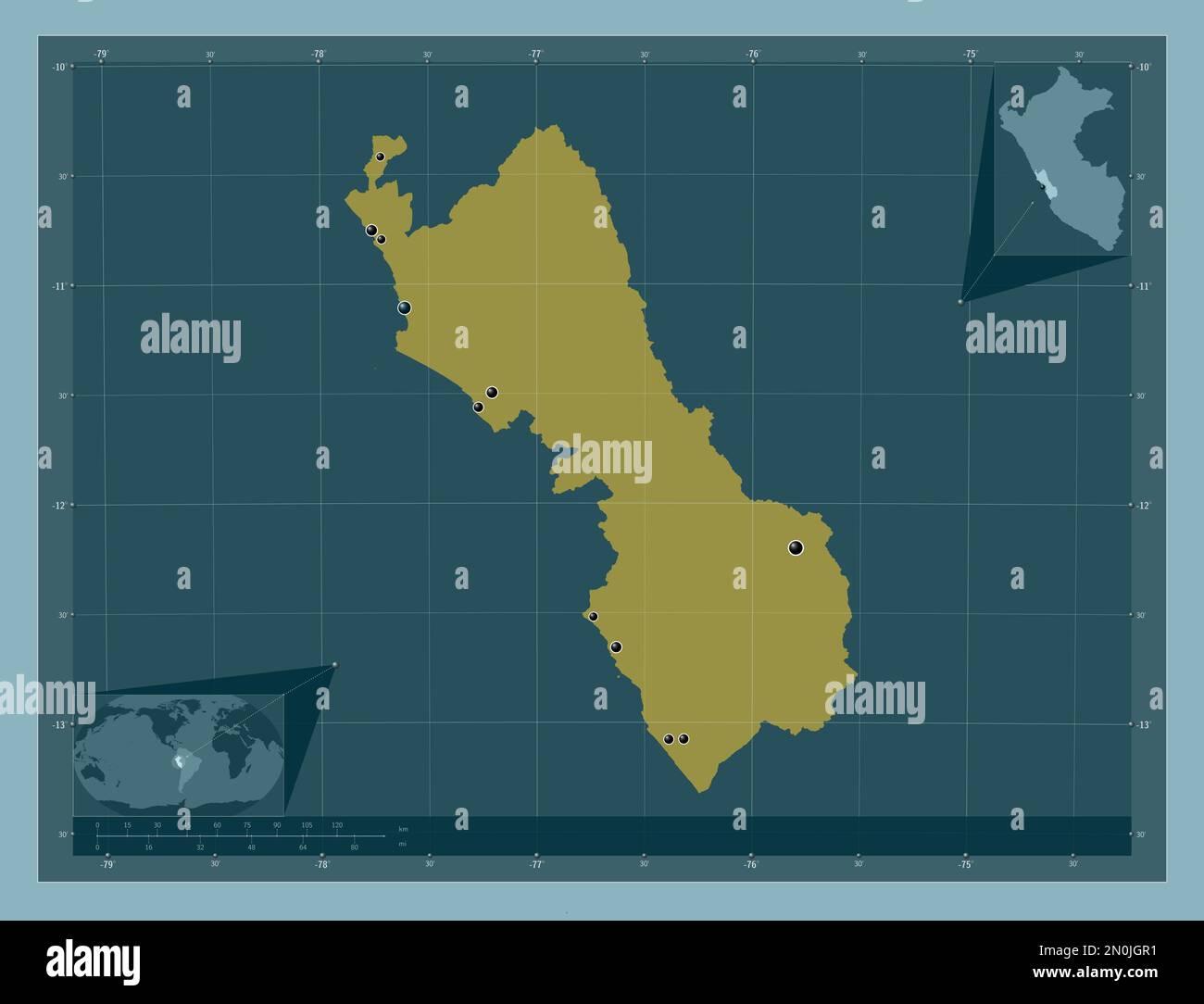 Lima, region of Peru. Solid color shape. Locations of major cities of ...