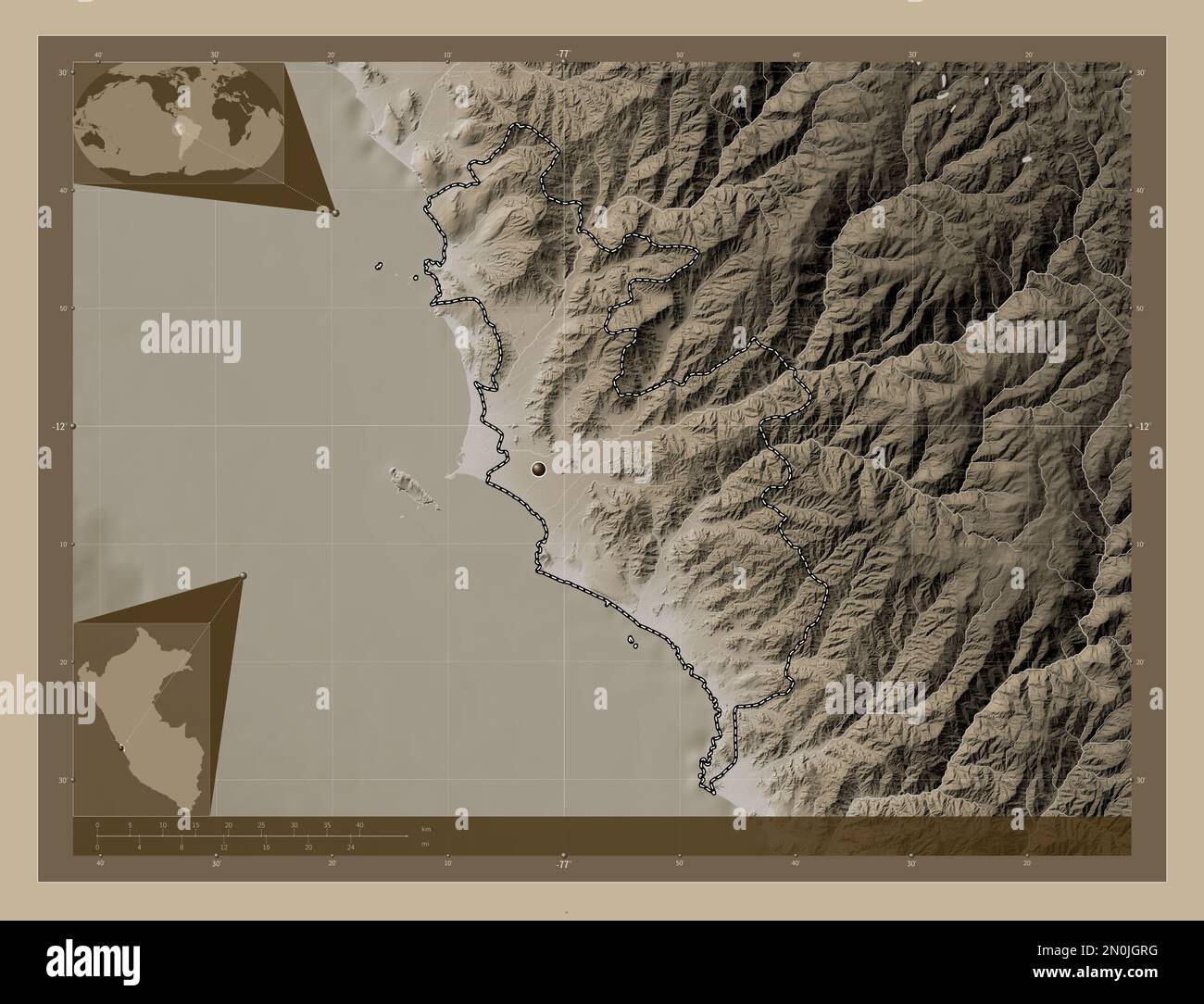 Lima Province, province of Peru. Elevation map colored in sepia tones ...
