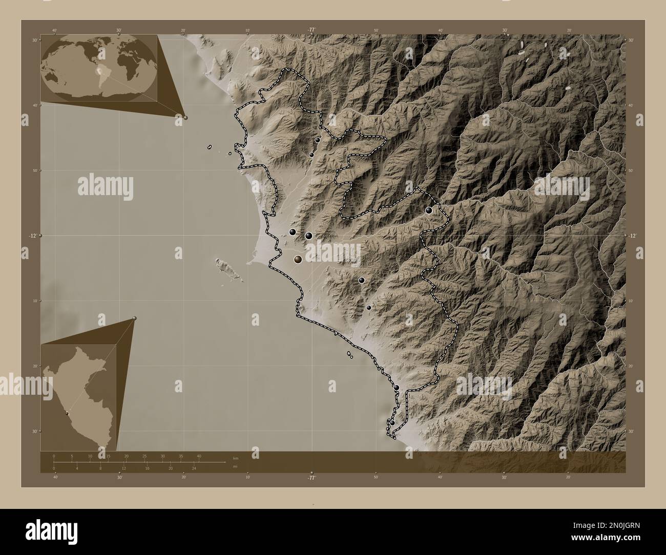 Lima Province, province of Peru. Elevation map colored in sepia tones ...