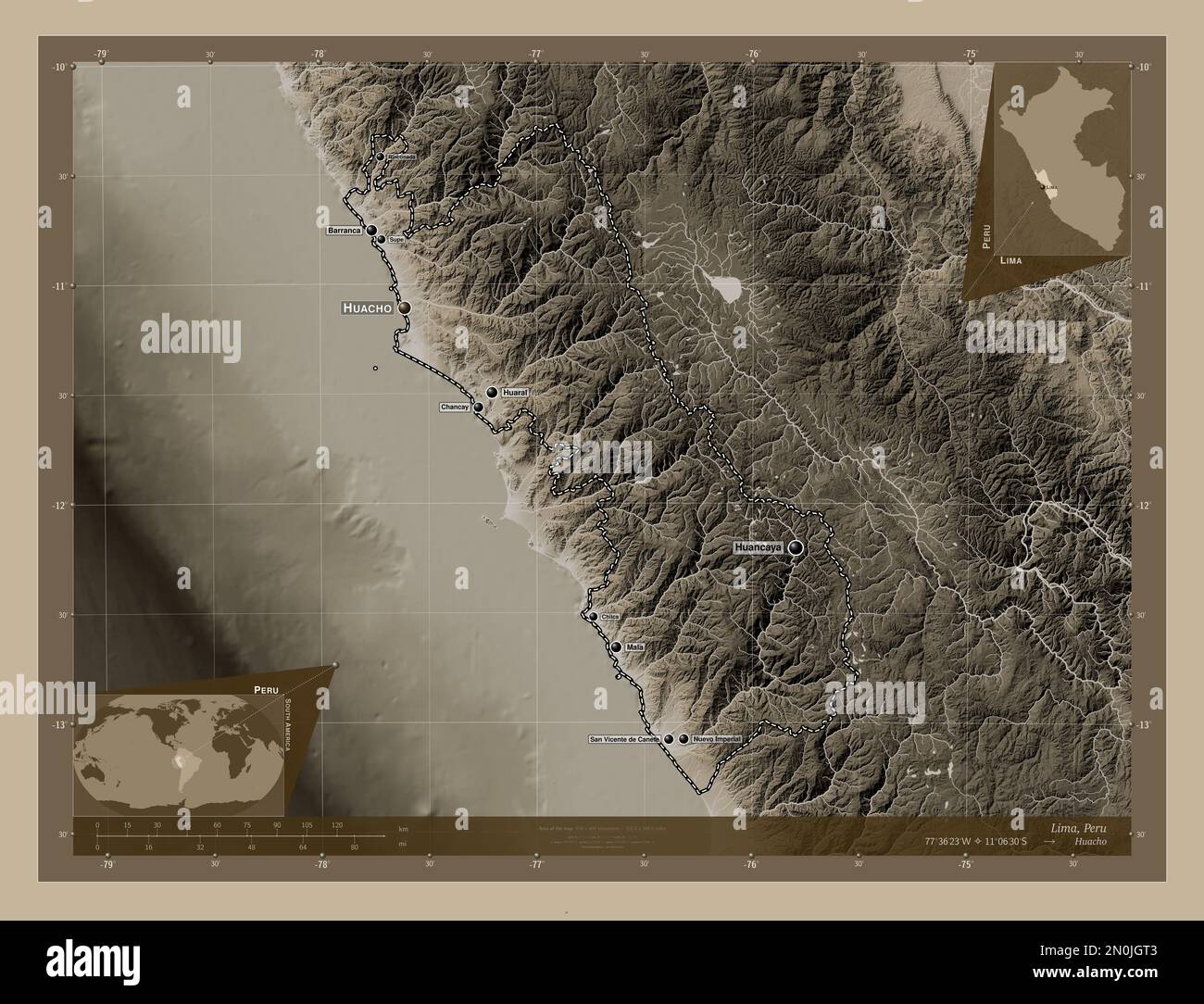 Lima, region of Peru. Elevation map colored in sepia tones with lakes ...