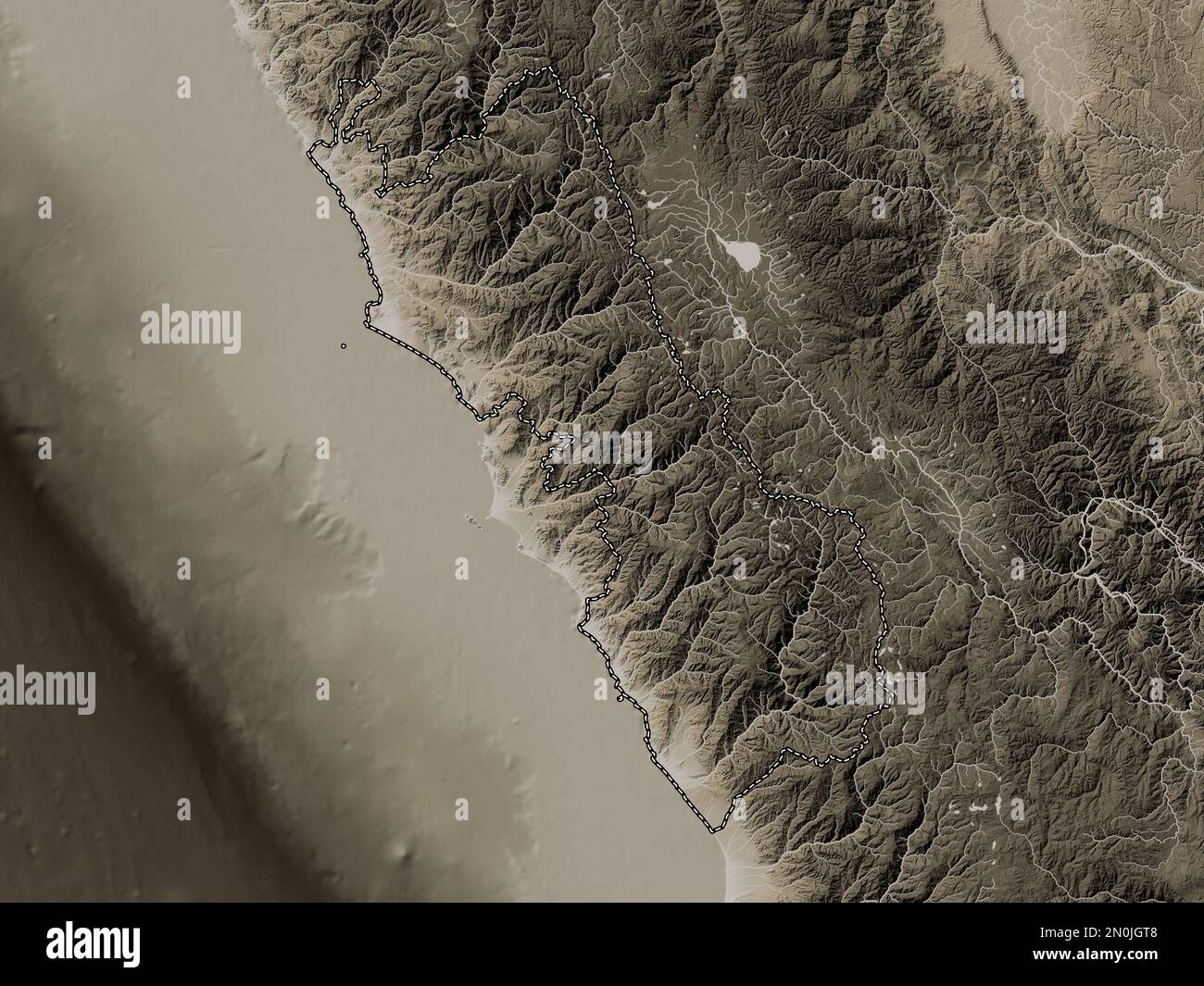 Lima, region of Peru. Elevation map colored in sepia tones with lakes ...