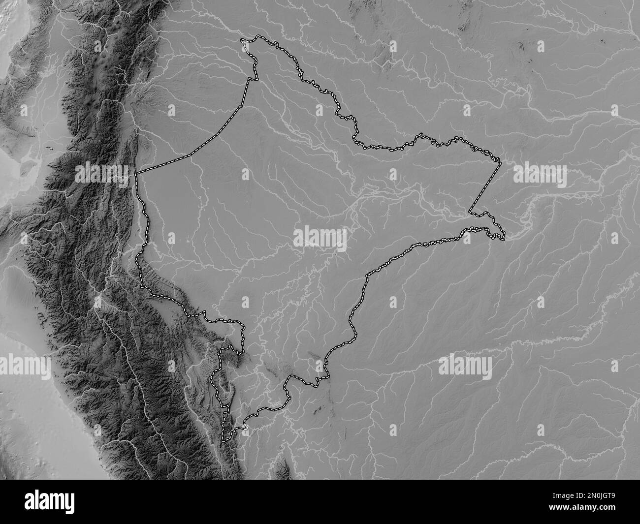 Loreto, region of Peru. Grayscale elevation map with lakes and rivers ...