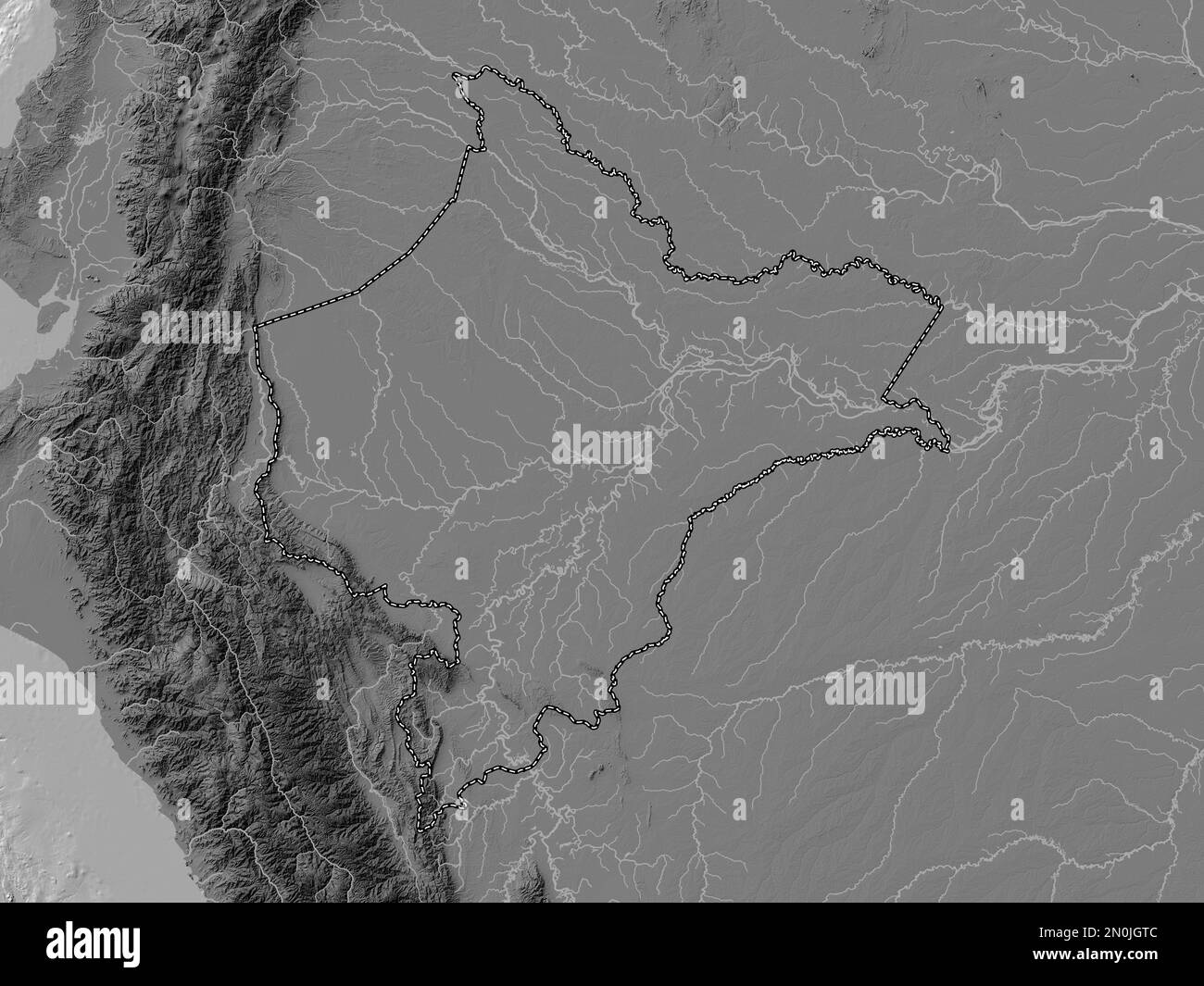 Loreto, region of Peru. Bilevel elevation map with lakes and rivers ...