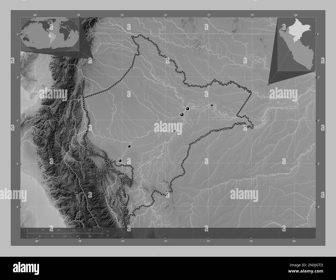 Loreto, region of Peru. Grayscale elevation map with lakes and rivers ...