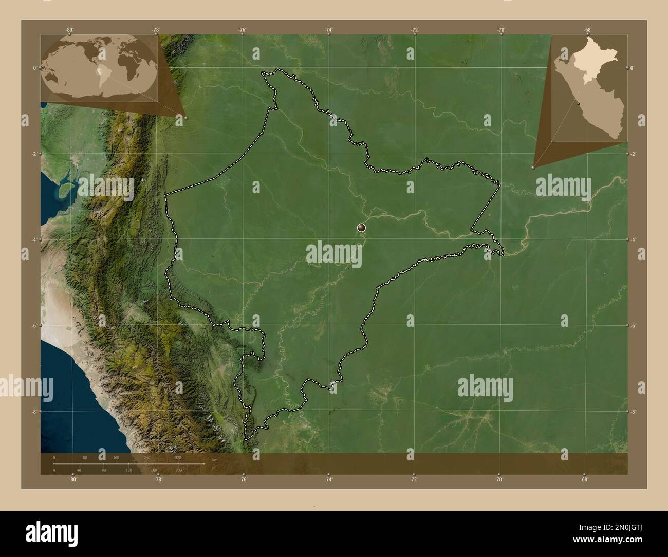 Loreto, region of Peru. Low resolution satellite map. Corner auxiliary ...