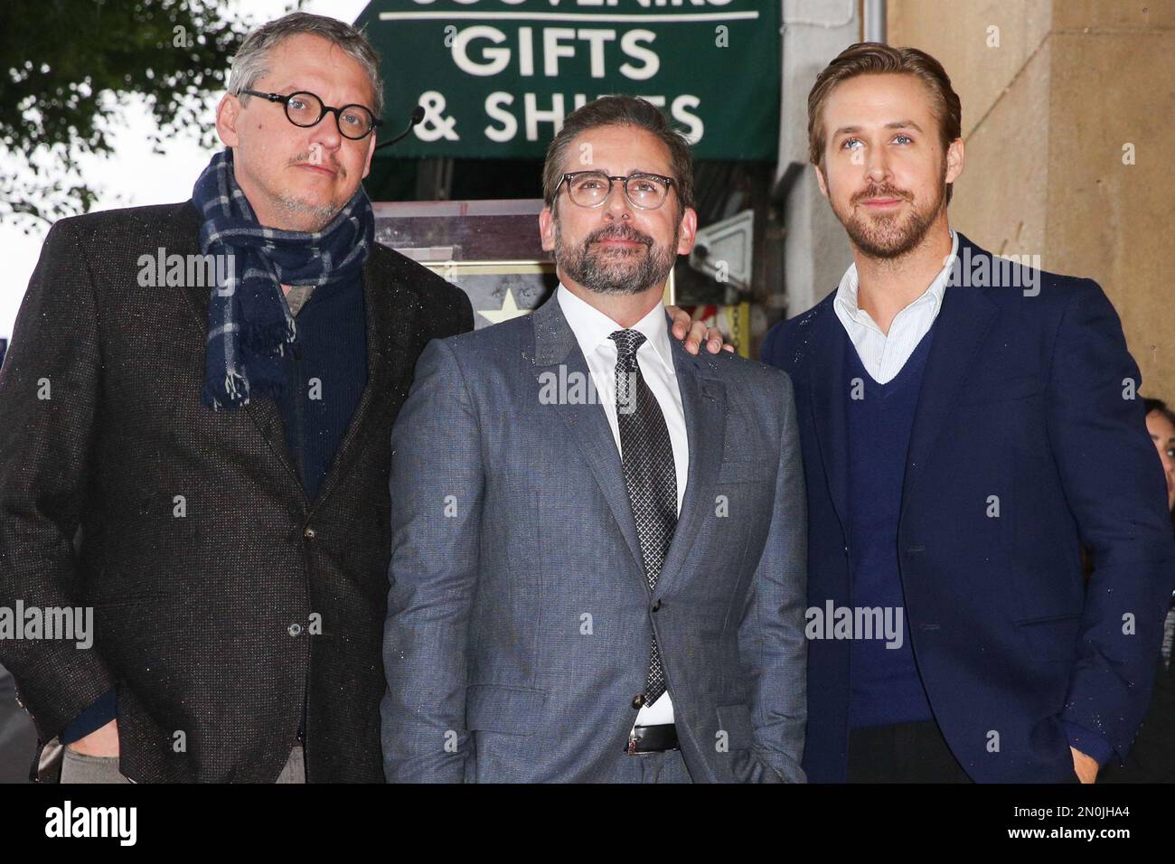 Adam McKay, from left, Steve Carell and Ryan Gosling attend a ceremony ...