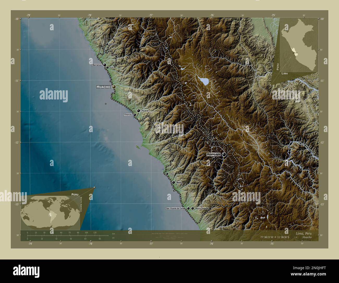 Lima, region of Peru. Elevation map colored in wiki style with lakes ...