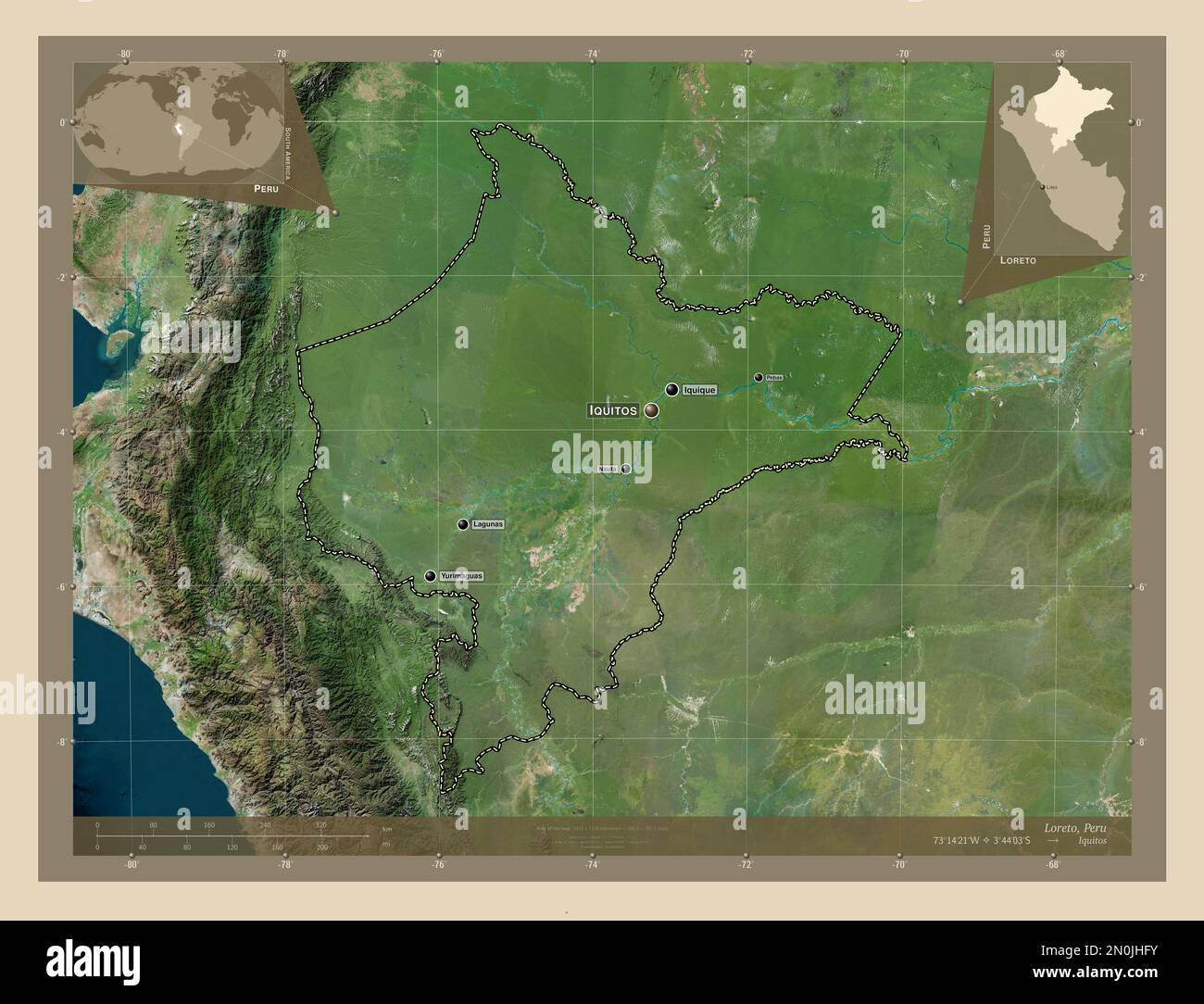 Loreto, region of Peru. High resolution satellite map. Locations and ...