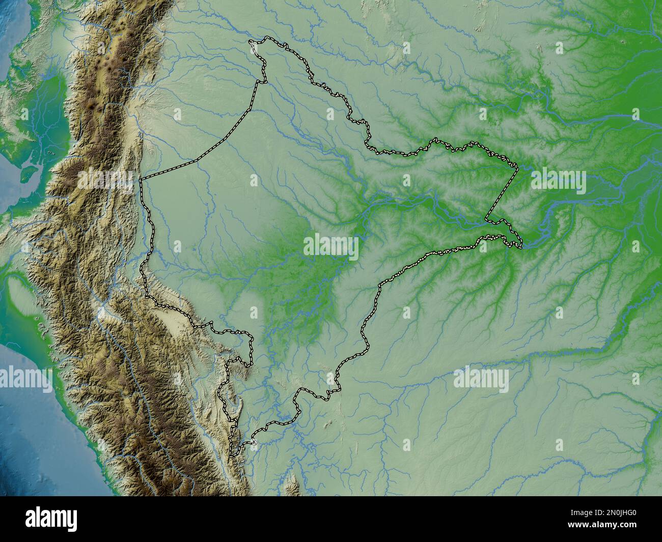 Loreto, region of Peru. Colored elevation map with lakes and rivers ...