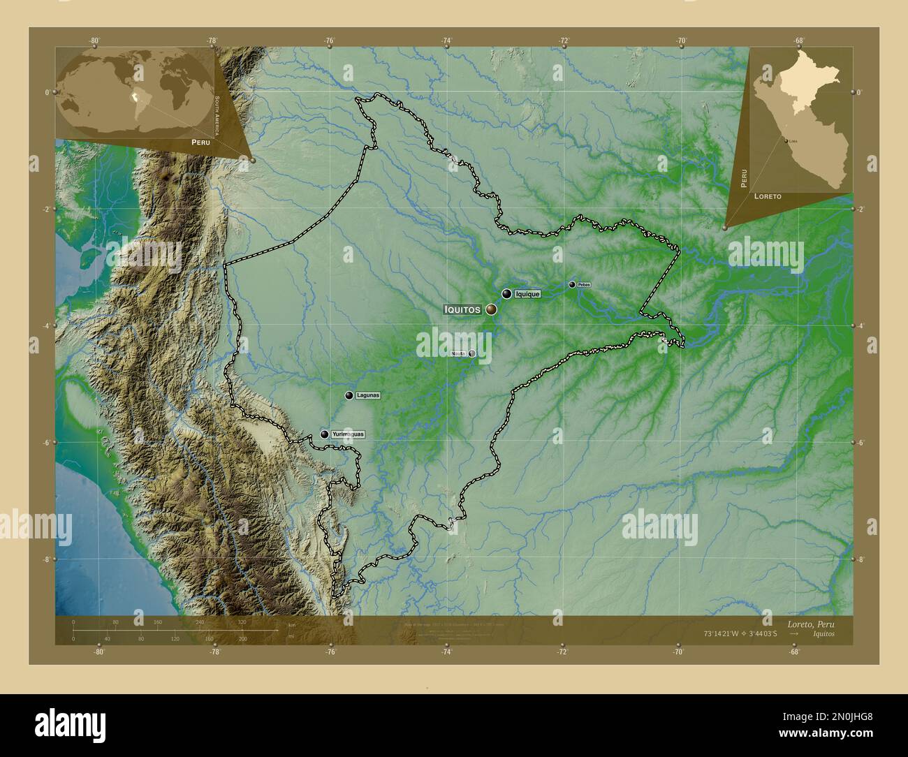 Loreto, region of Peru. Colored elevation map with lakes and rivers ...