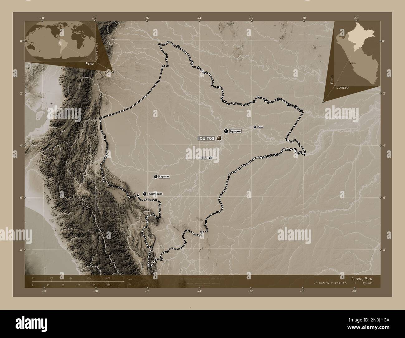 Loreto, region of Peru. Elevation map colored in sepia tones with lakes ...