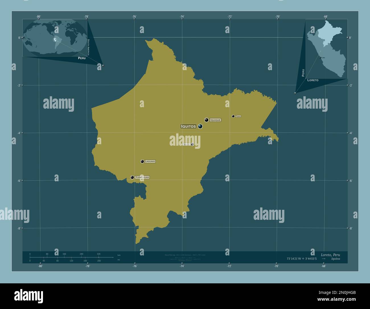Loreto, region of Peru. Solid color shape. Locations and names of major ...