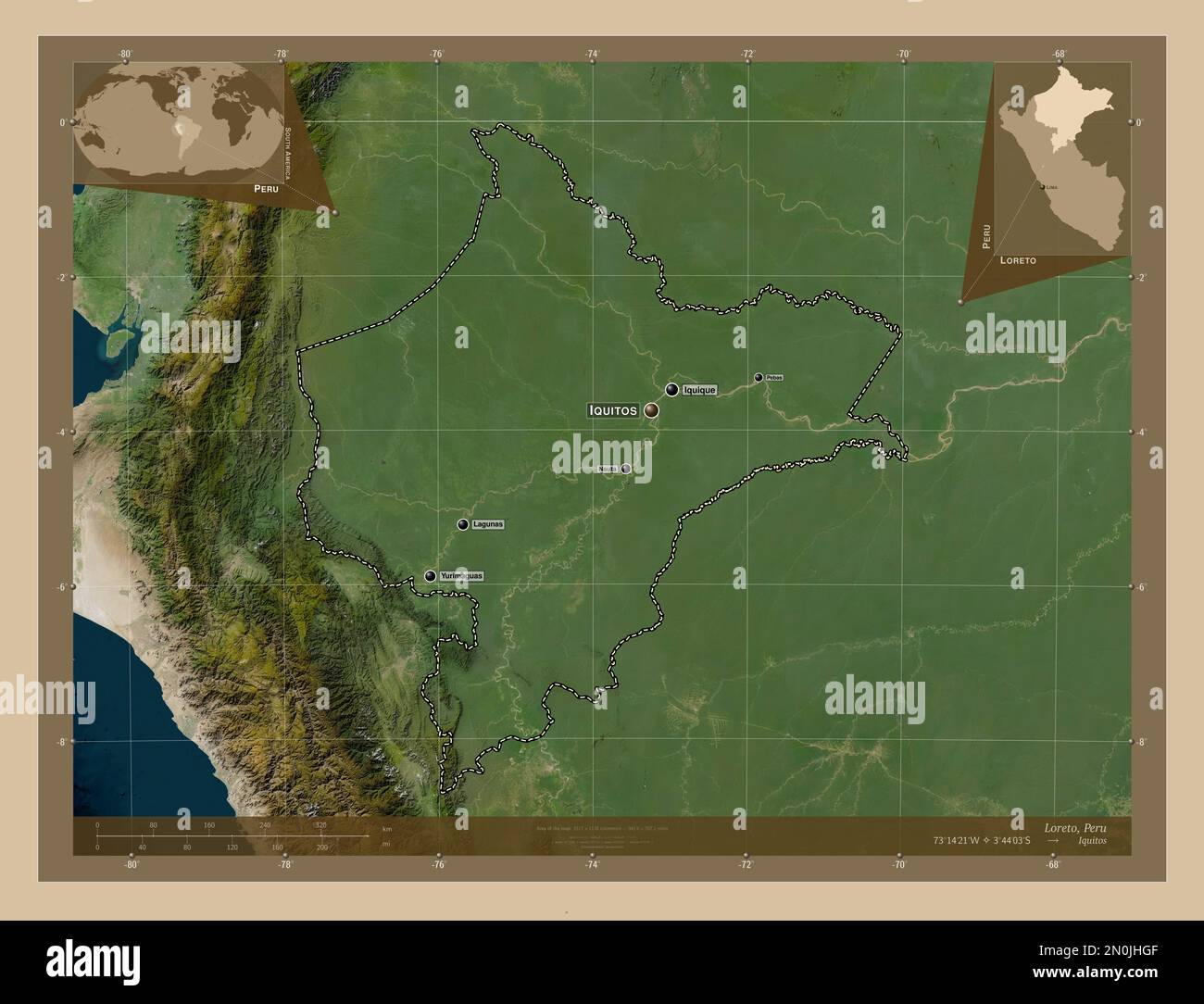 Loreto, region of Peru. Low resolution satellite map. Locations and ...