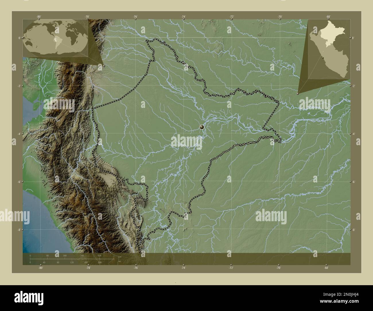 Loreto, region of Peru. Elevation map colored in wiki style with lakes ...