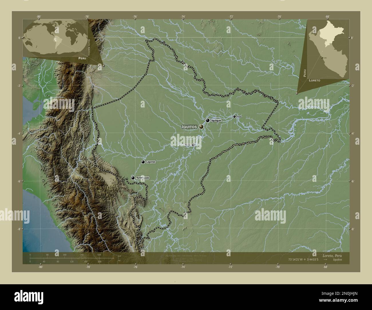 Loreto, region of Peru. Elevation map colored in wiki style with lakes ...