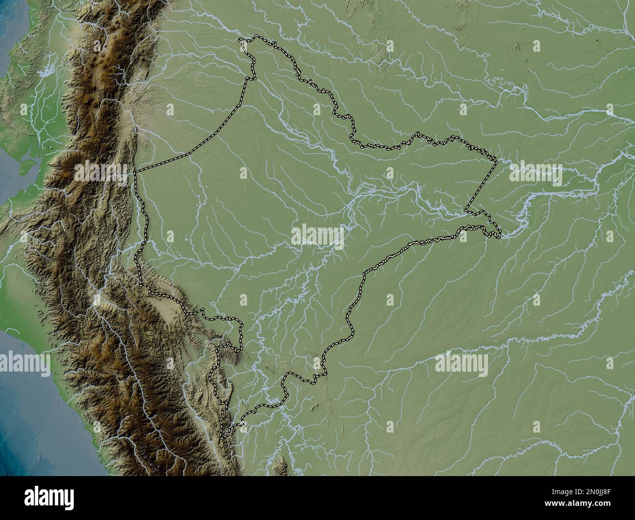 Loreto, region of Peru. Elevation map colored in wiki style with lakes ...