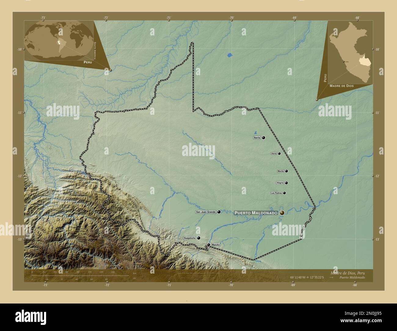 Madre de Dios, region of Peru. Colored elevation map with lakes and ...