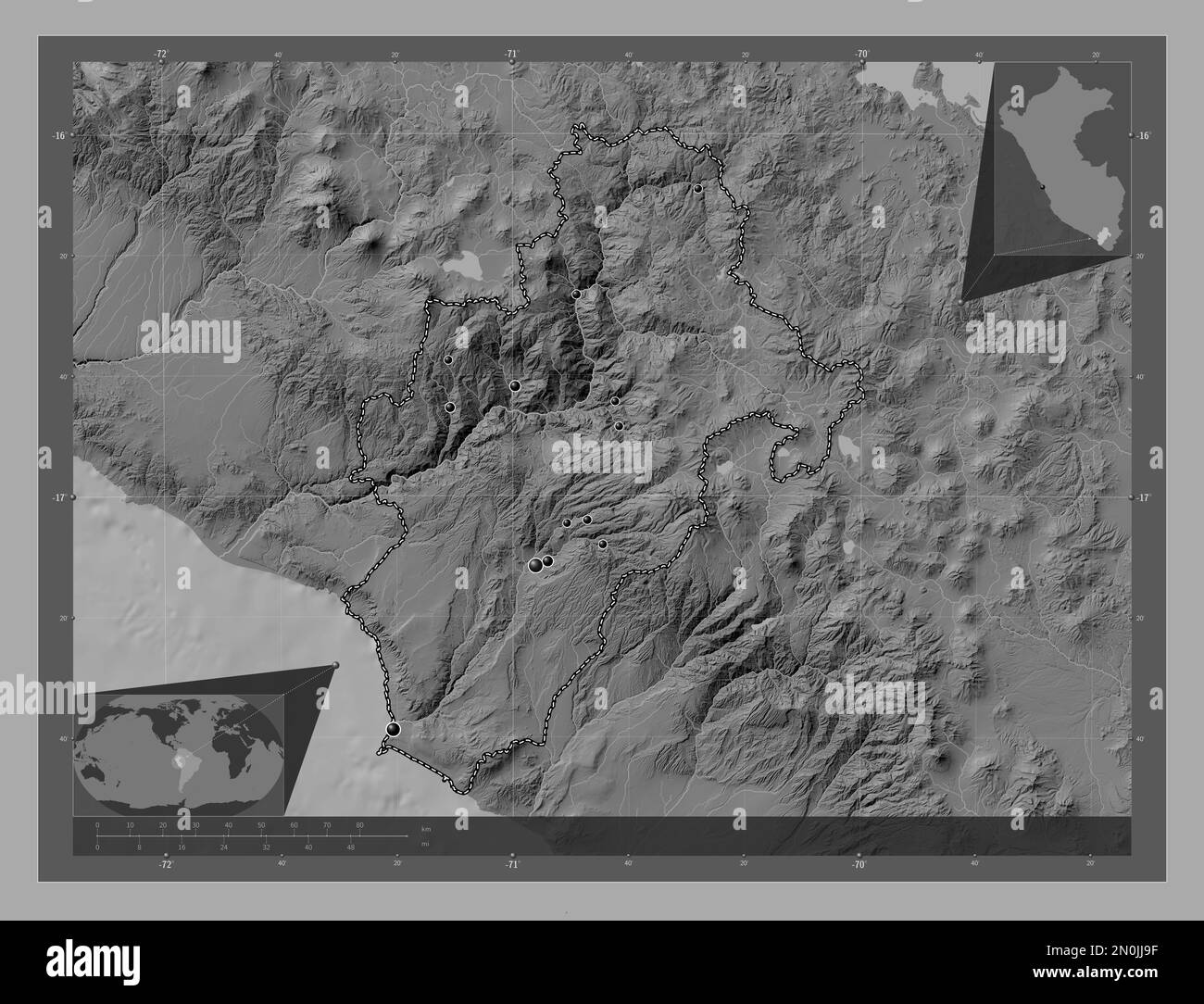 Moquegua, region of Peru. Bilevel elevation map with lakes and rivers ...