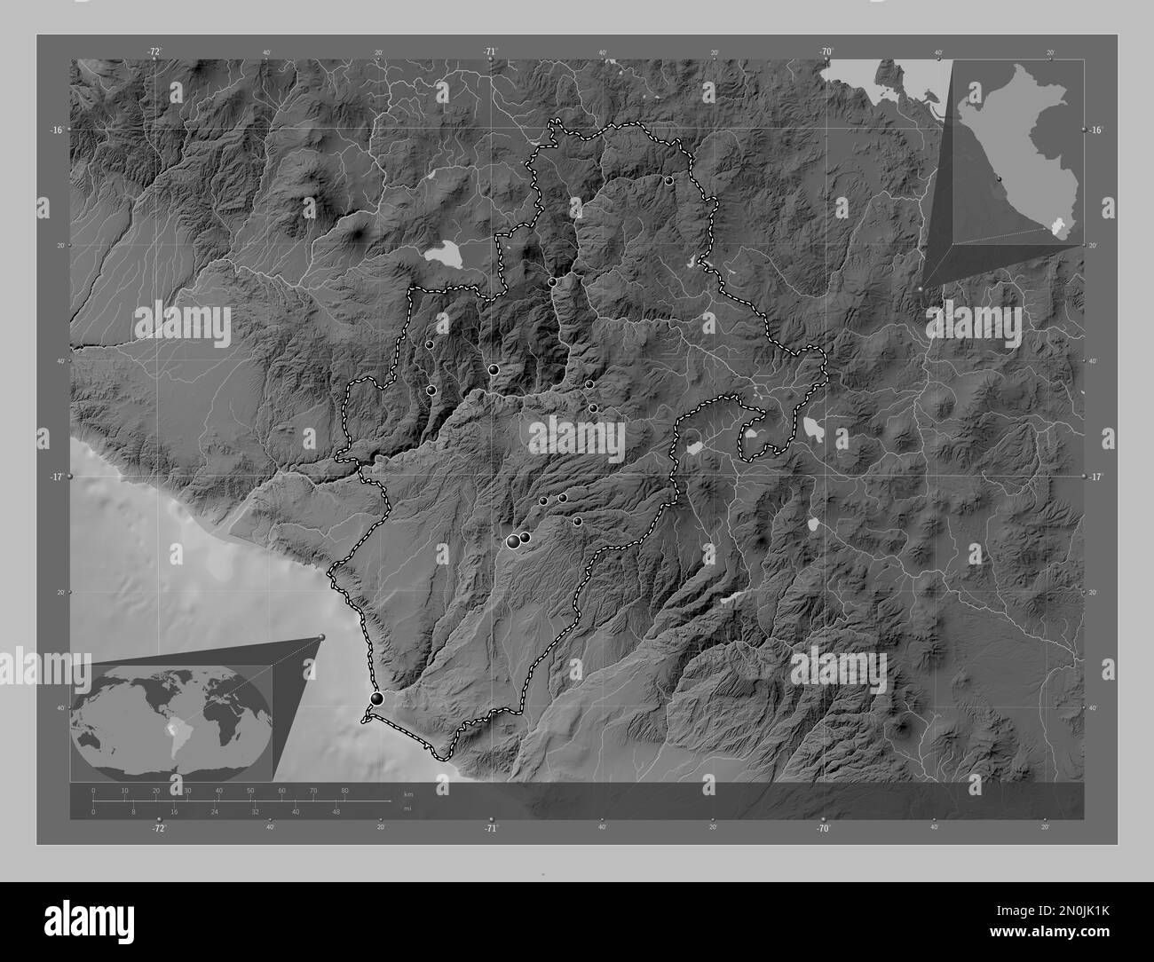 Moquegua, region of Peru. Grayscale elevation map with lakes and rivers ...