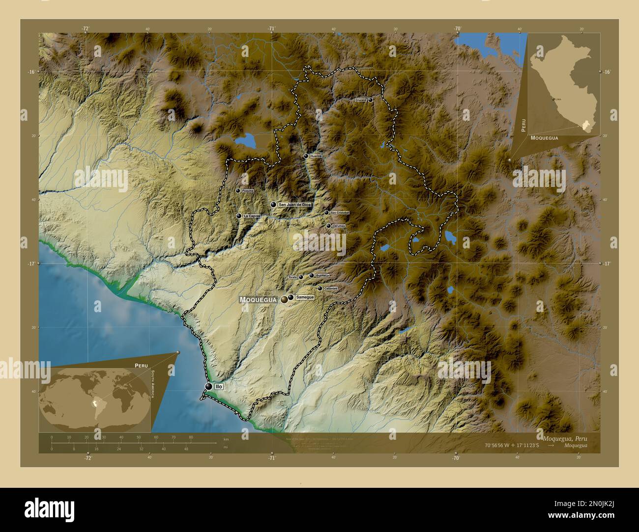 Moquegua, region of Peru. Colored elevation map with lakes and rivers ...