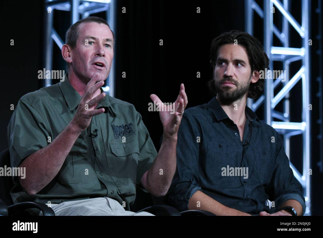 Ivan Carter, left, and Branlin Shockey speak on stage during the ...