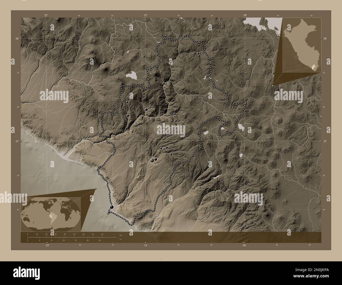Moquegua, region of Peru. Elevation map colored in sepia tones with ...