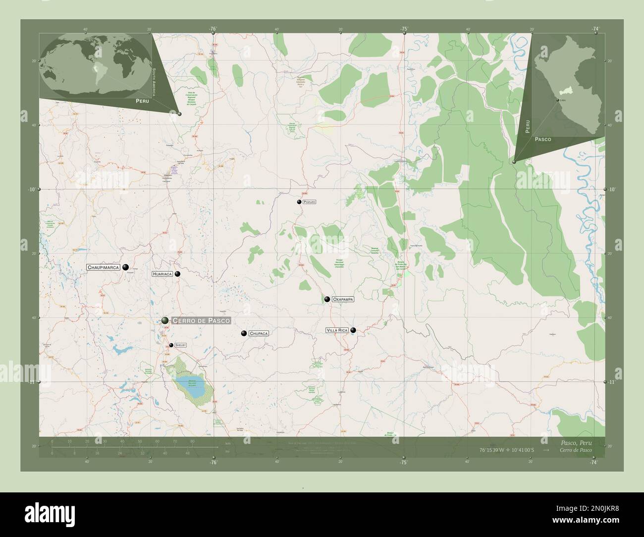 Pasco, region of Peru. Open Street Map. Locations and names of major ...
