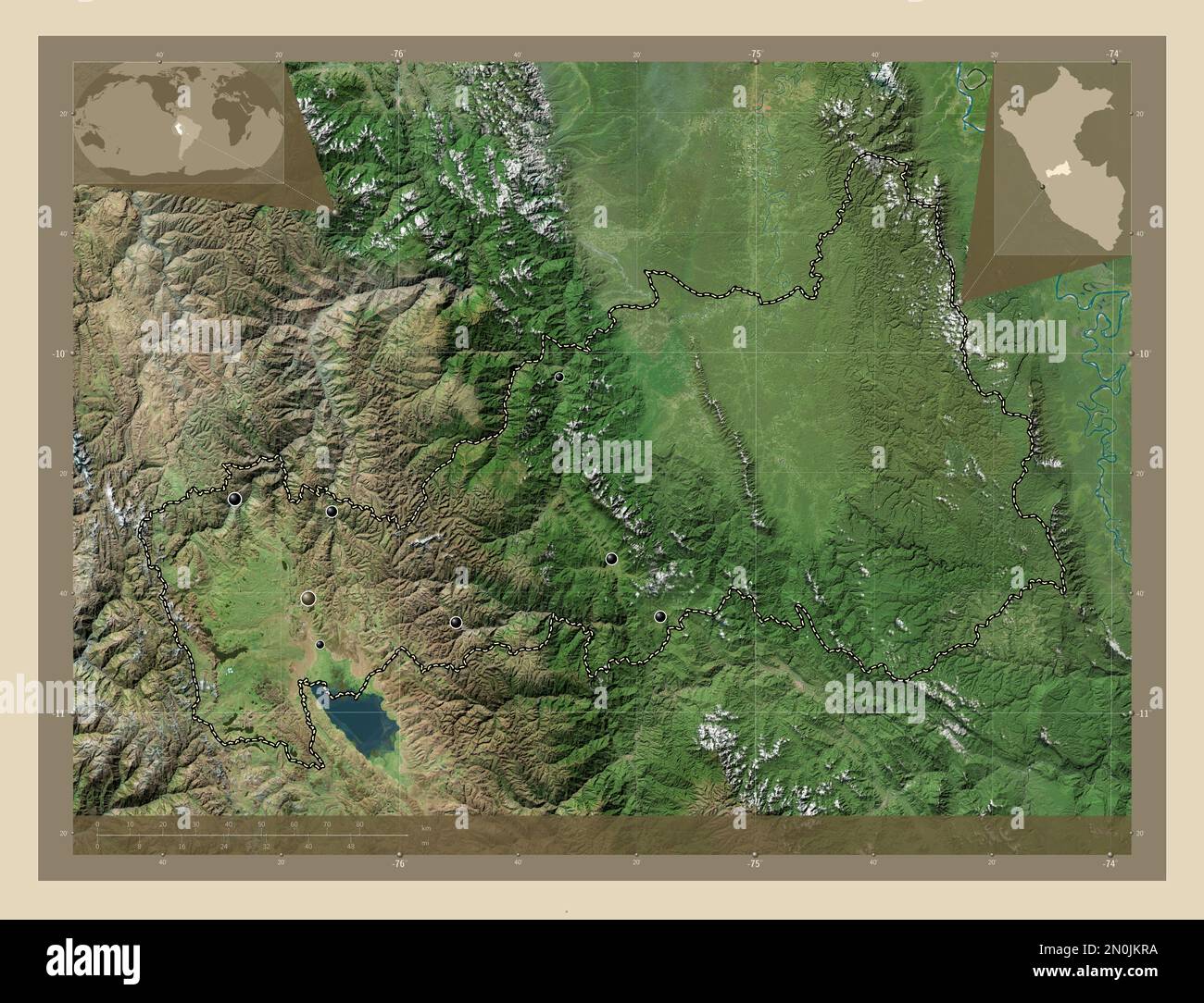 Pasco, region of Peru. High resolution satellite map. Locations of ...
