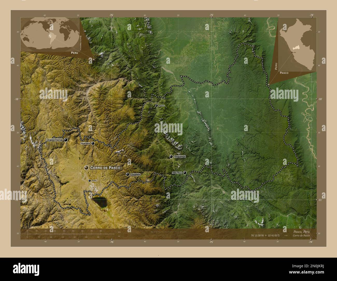 Pasco, region of Peru. Low resolution satellite map. Locations and ...