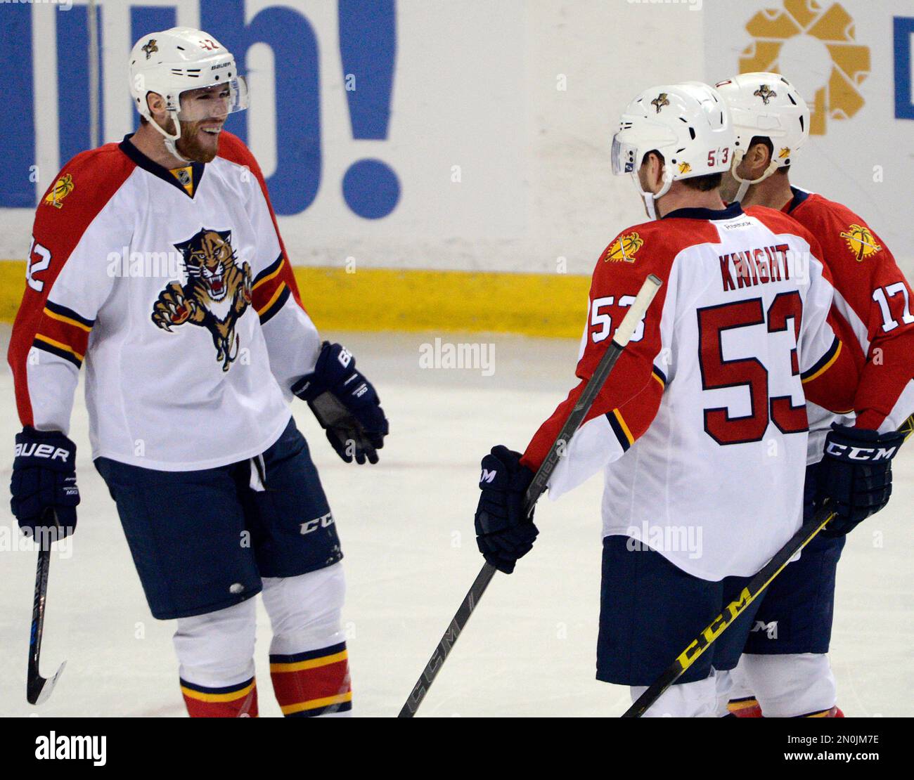 Florida Panthers' Quinton Howden, right, celebrates with Corban Knight ...