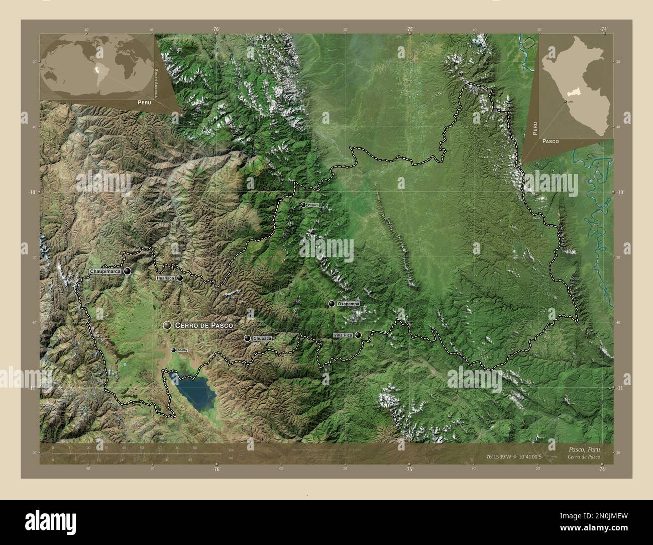 Pasco, region of Peru. High resolution satellite map. Locations and ...