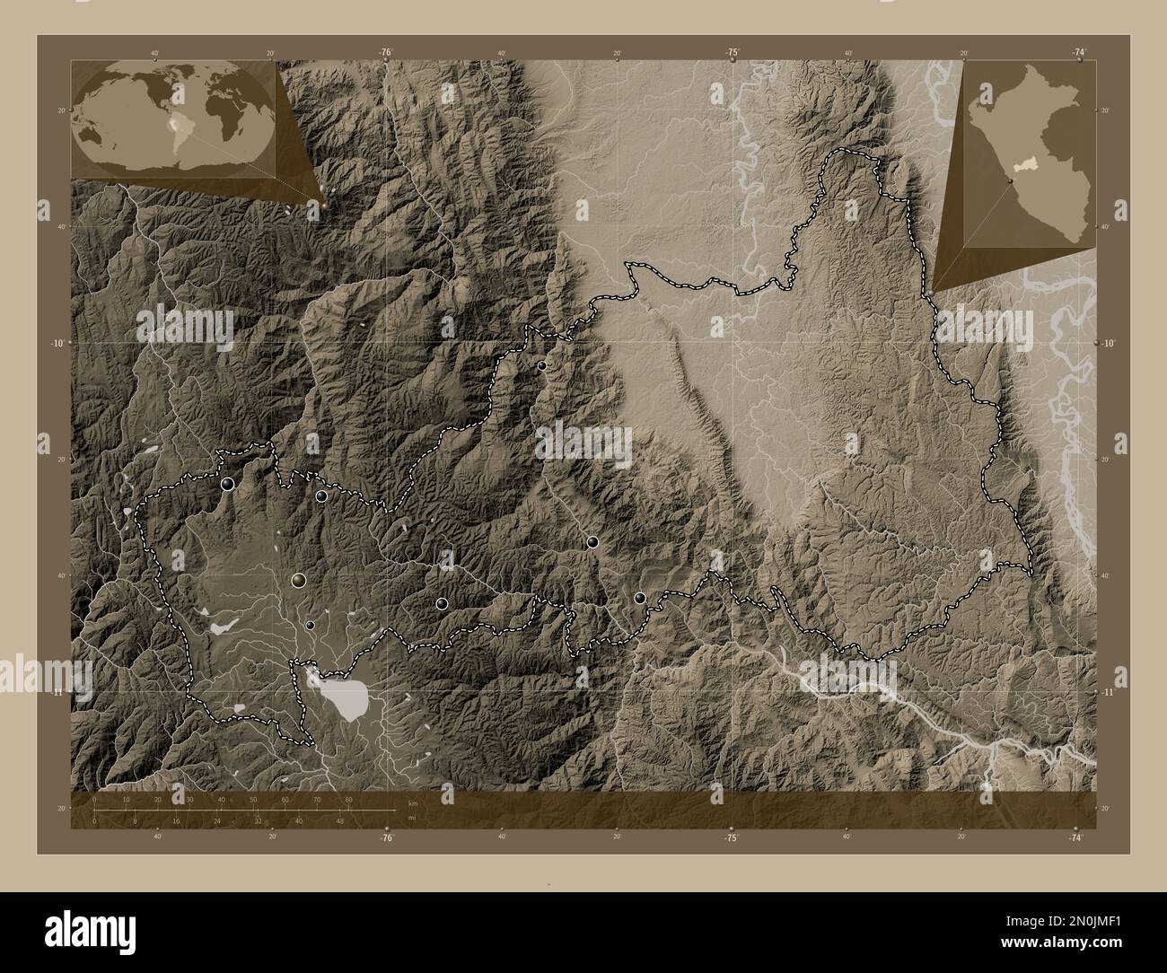 Pasco, region of Peru. Elevation map colored in sepia tones with lakes ...