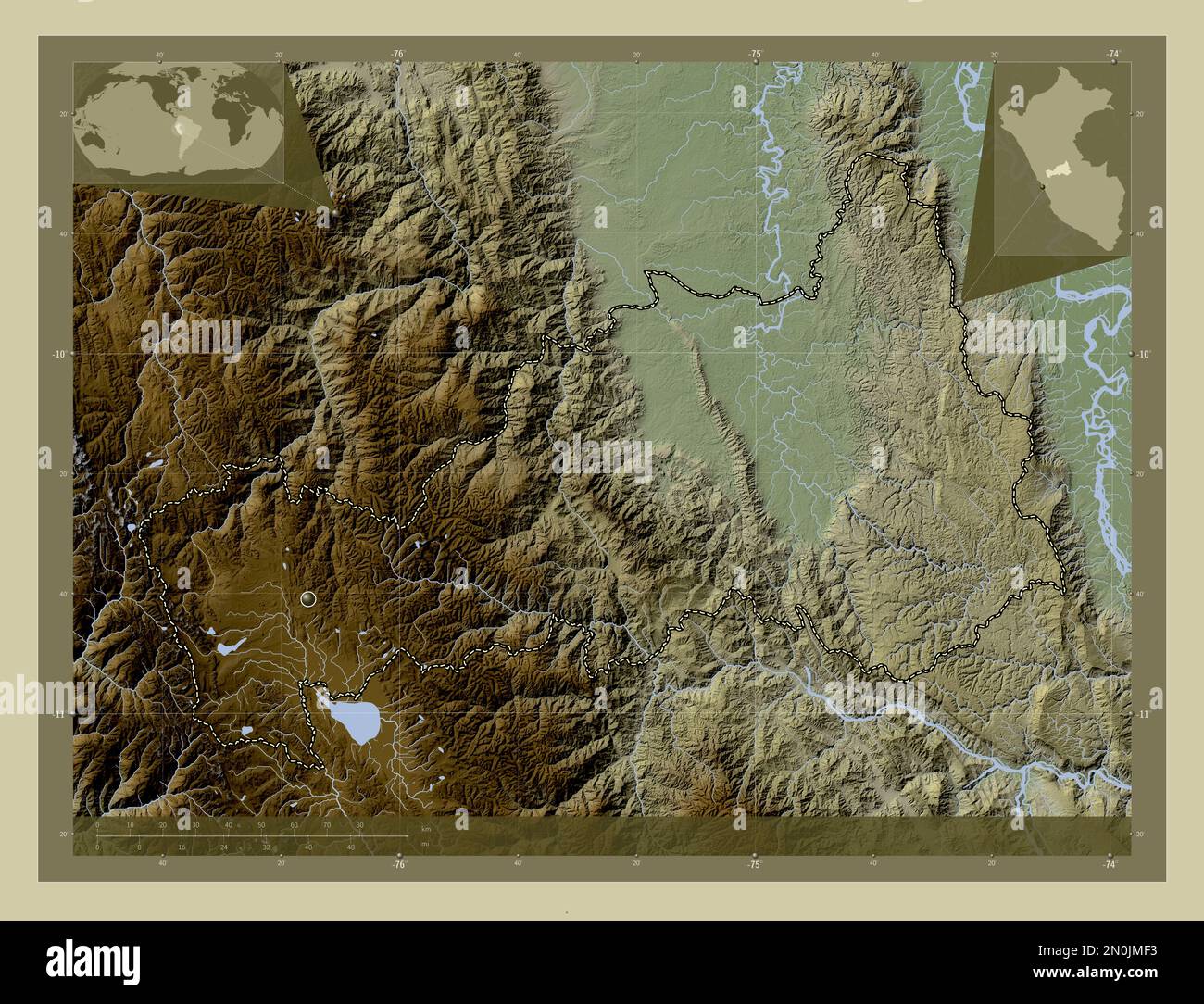Pasco, region of Peru. Elevation map colored in wiki style with lakes ...