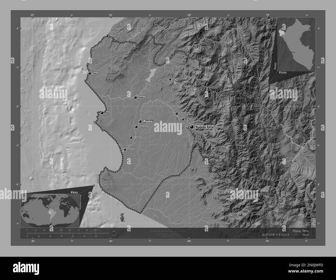 Piura, region of Peru. Bilevel elevation map with lakes and rivers ...