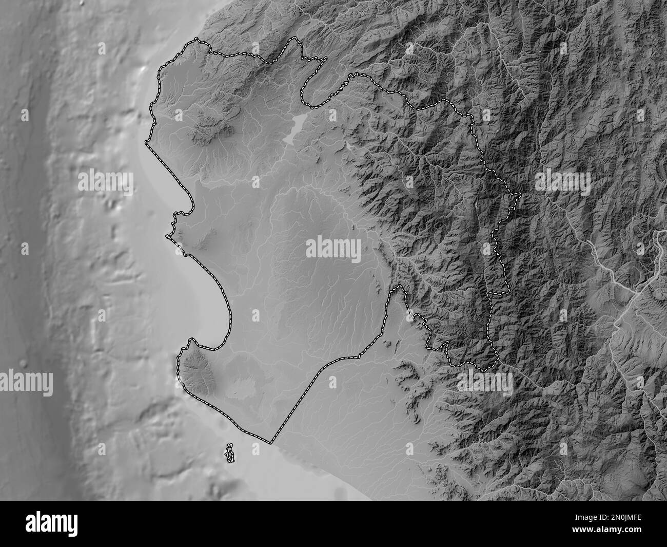 Piura, region of Peru. Grayscale elevation map with lakes and rivers ...