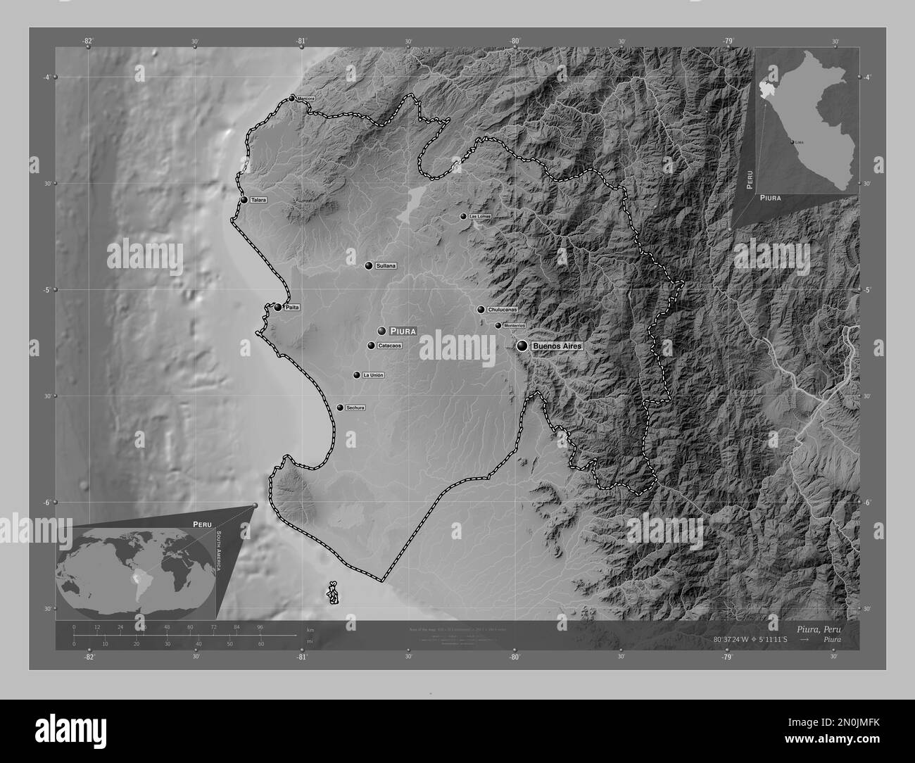 Piura, region of Peru. Grayscale elevation map with lakes and rivers ...