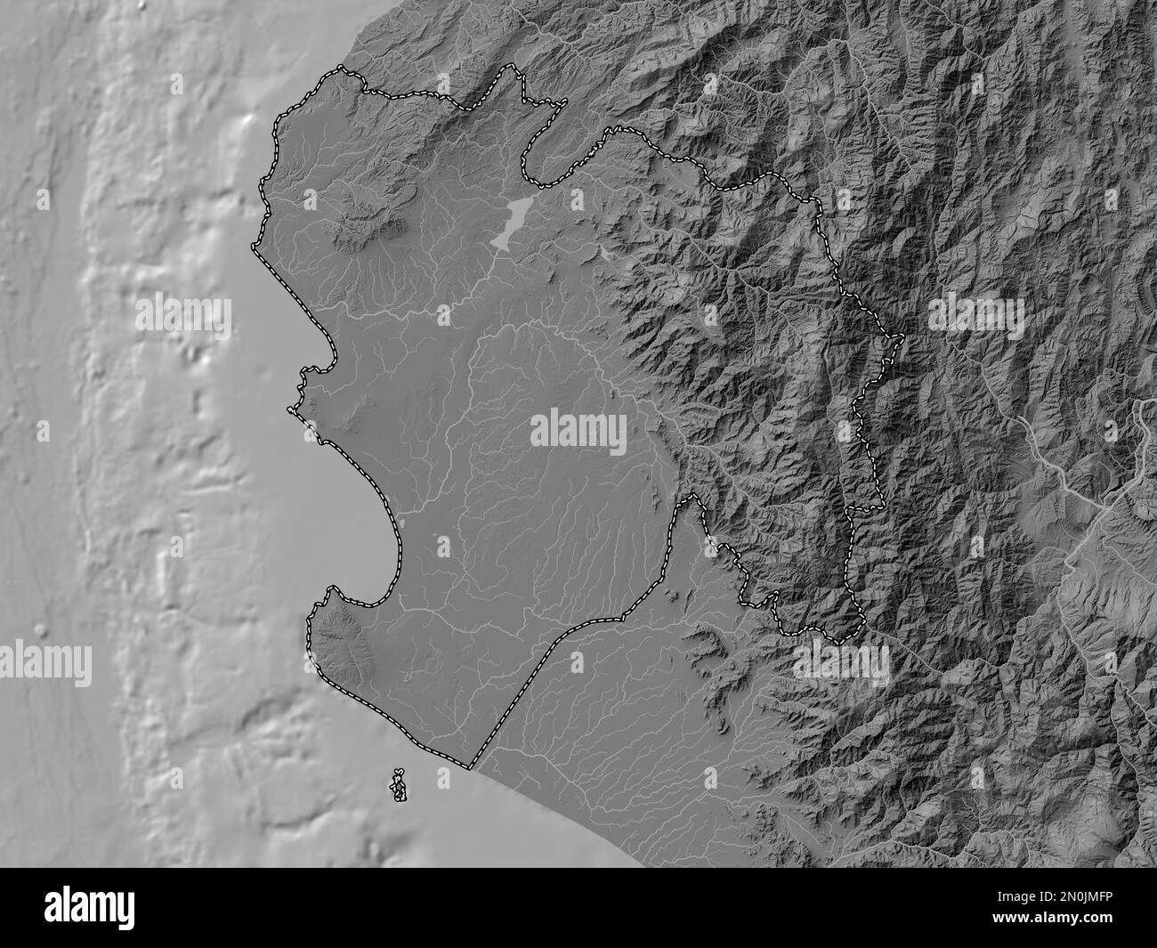 Piura, region of Peru. Bilevel elevation map with lakes and rivers ...